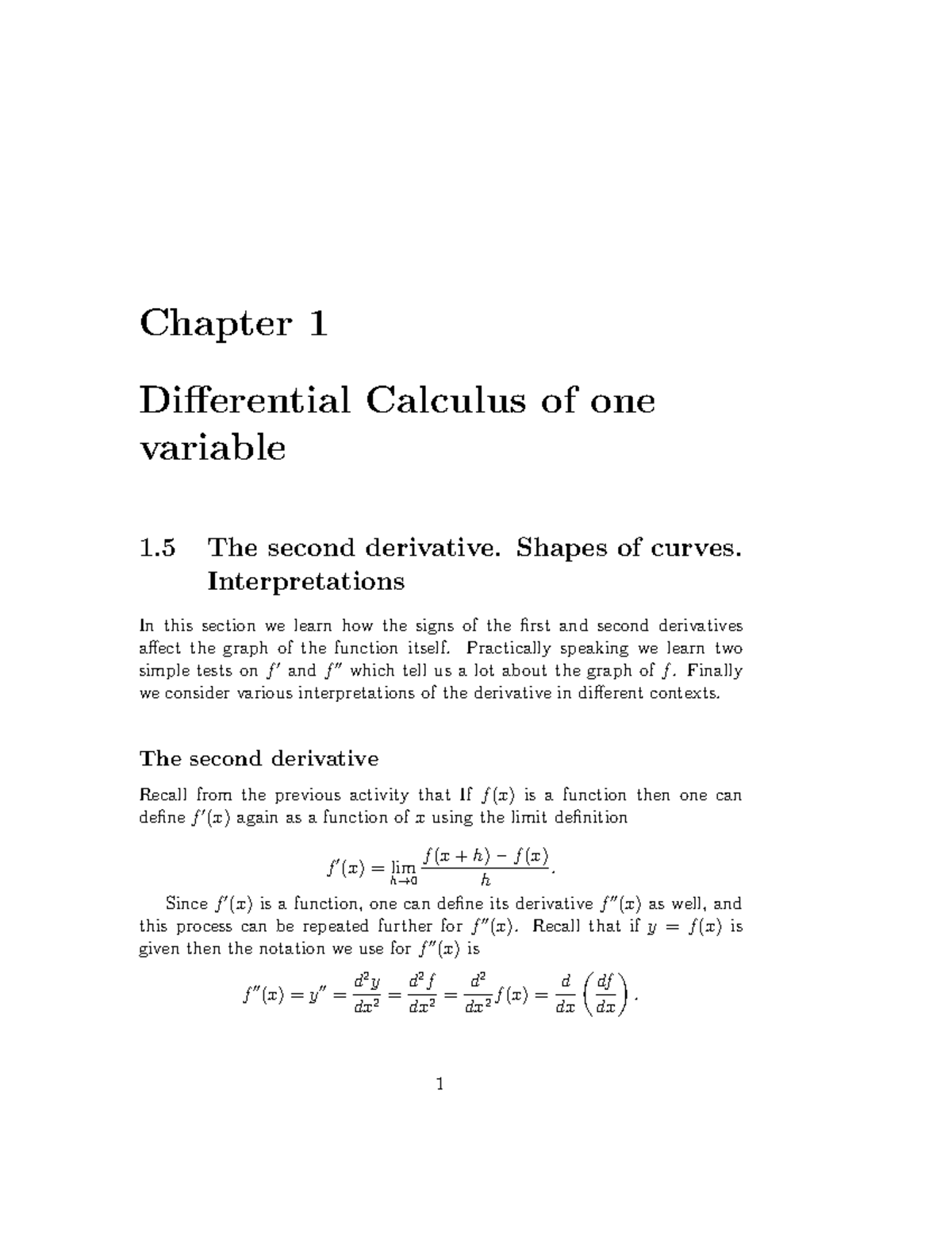 Section 1-5 The second derivative. Shapes of curves. Interpretation ...