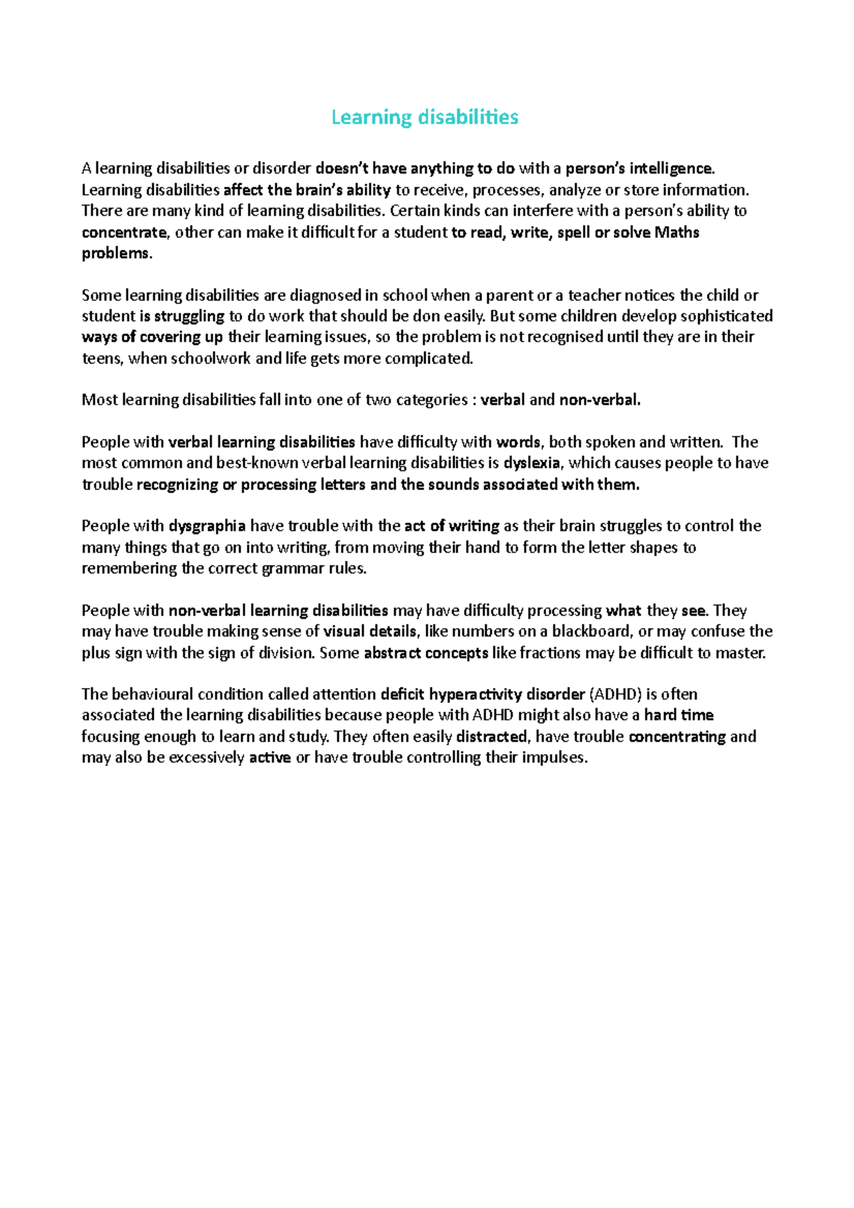 Learning disabilities - Learning disabilities affect the brain’s ...