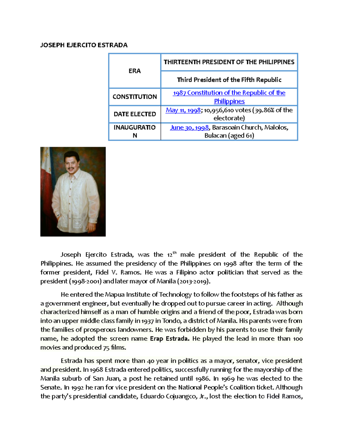 Arroyo-estrada - JOSEPH EJERCITO ESTRADA Joseph Ejercito Estrada, was ...