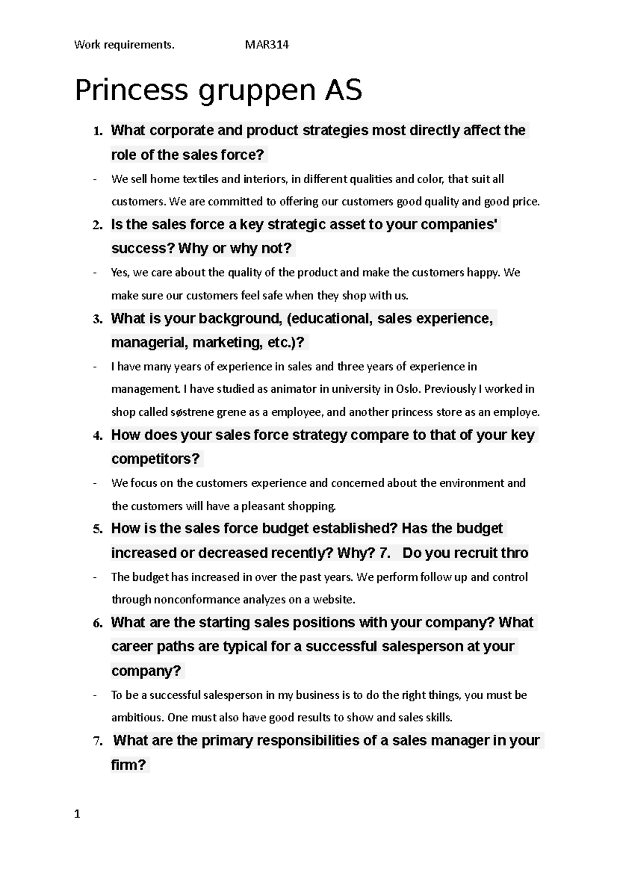 Sales managment and selling - Work requirements. MAR Princess gruppen ...