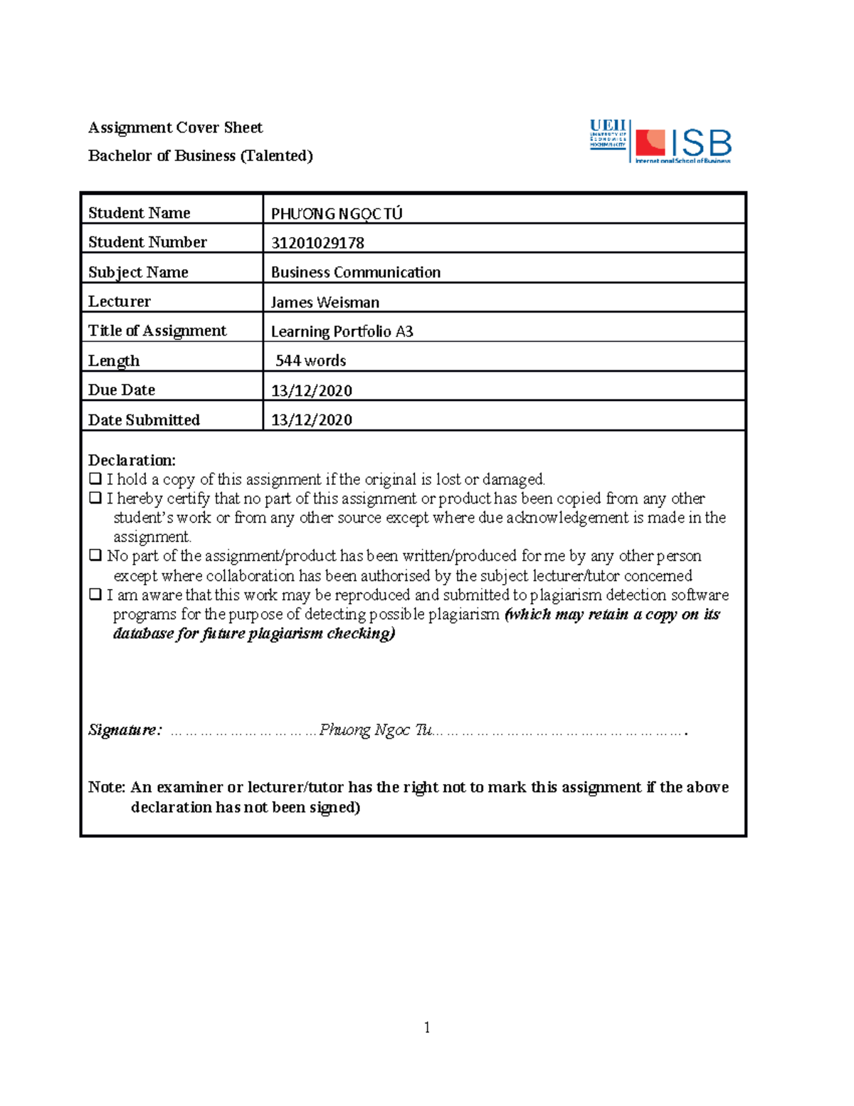 LPA3 - Learning portfolio 3 - Assignment Cover Sheet Bachelor of ...