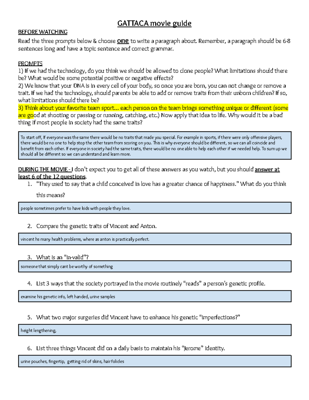 - Gattaca Movie Analysis - GATTACA movie guide BEFORE WATCHING Read the three prompts below ...