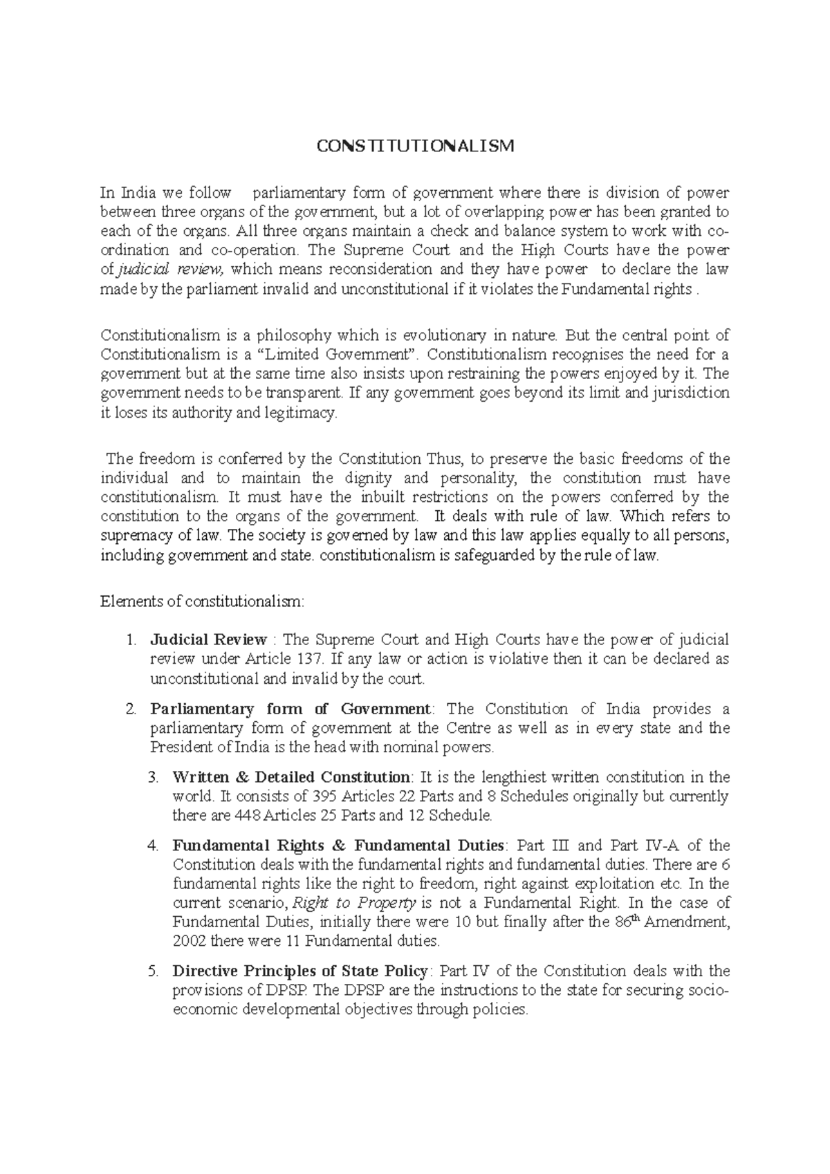 Constitutional law I notes - CONSTITUTIONALISM In India we follow ...