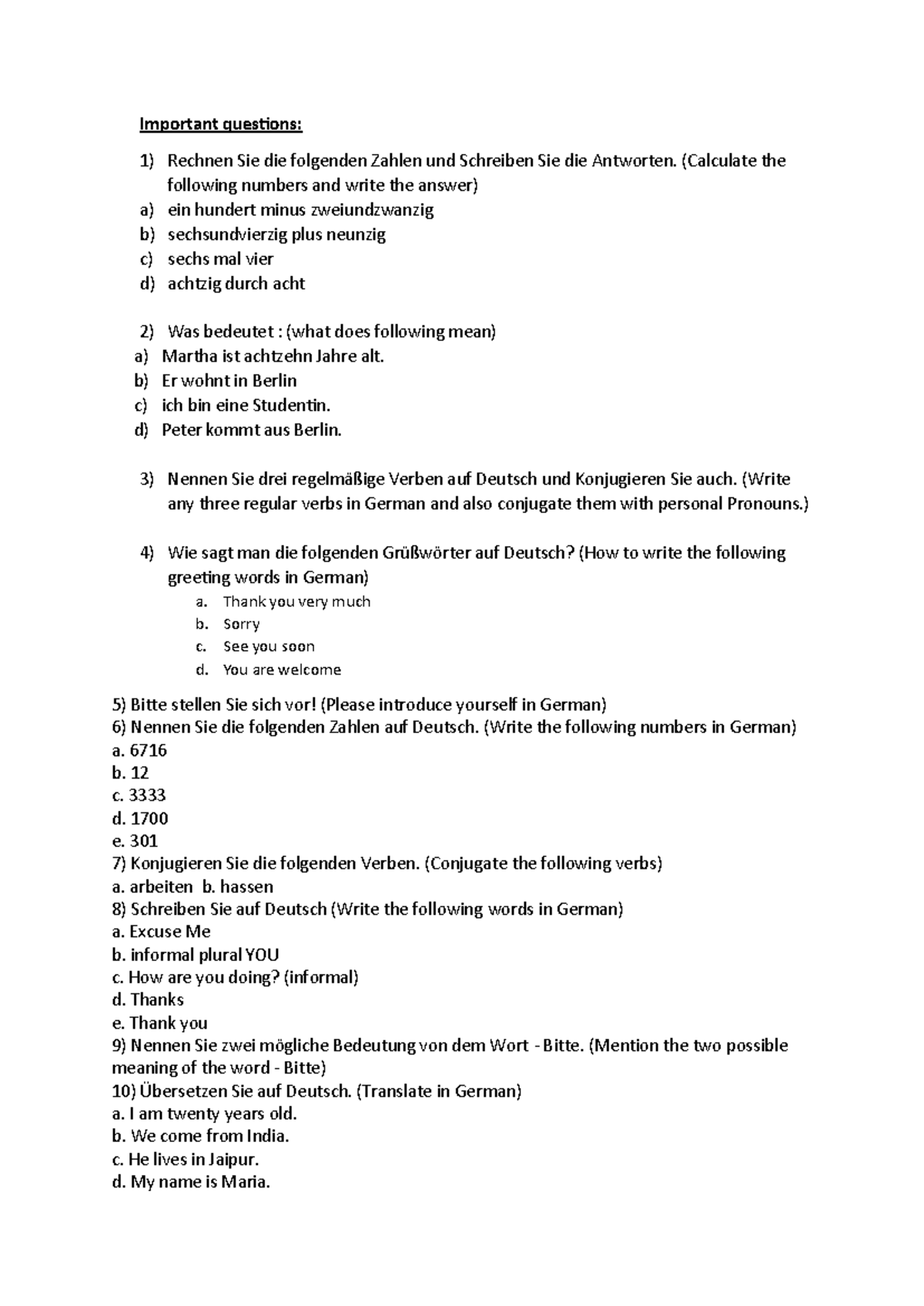 Important questions Semester 2 - Important questions: Rechnen Sie die ...