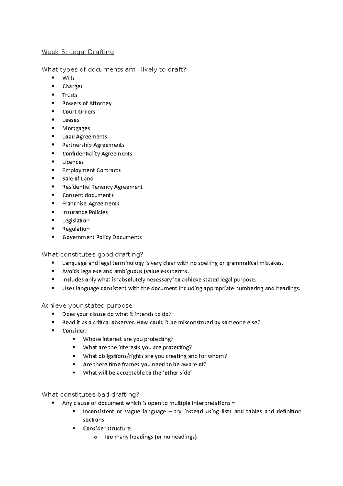 LLB301 - Legal Drafting - Week 5: Legal Drafting What types of ...