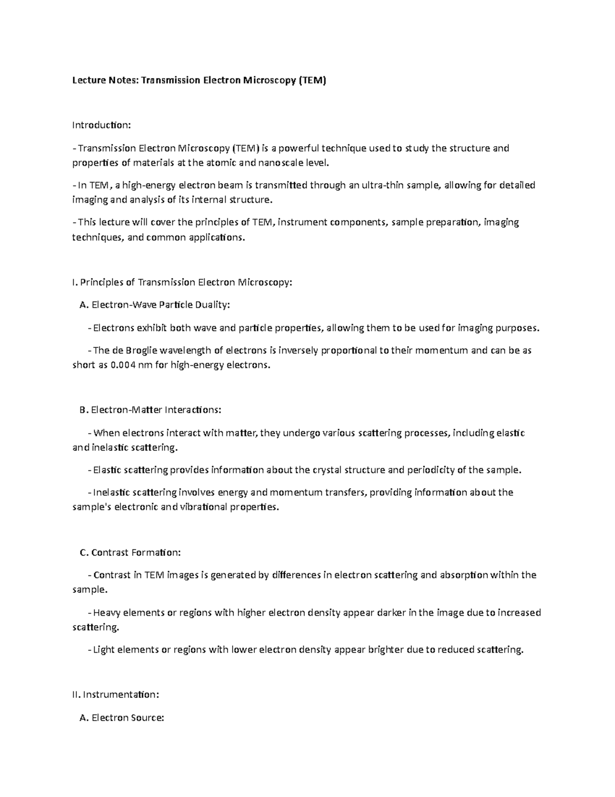 Lecture Notes: Transmission Electron Microscopy (TEM) - Lecture Notes ...