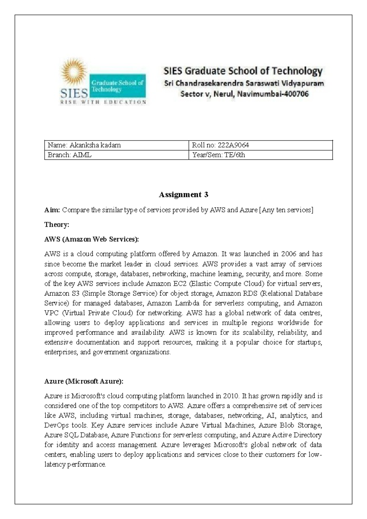 Assignment 3 CCL - Name: Akanksha kadam Roll no: 222A90 64 Branch: AIML Year/Sem: TE/6th ...
