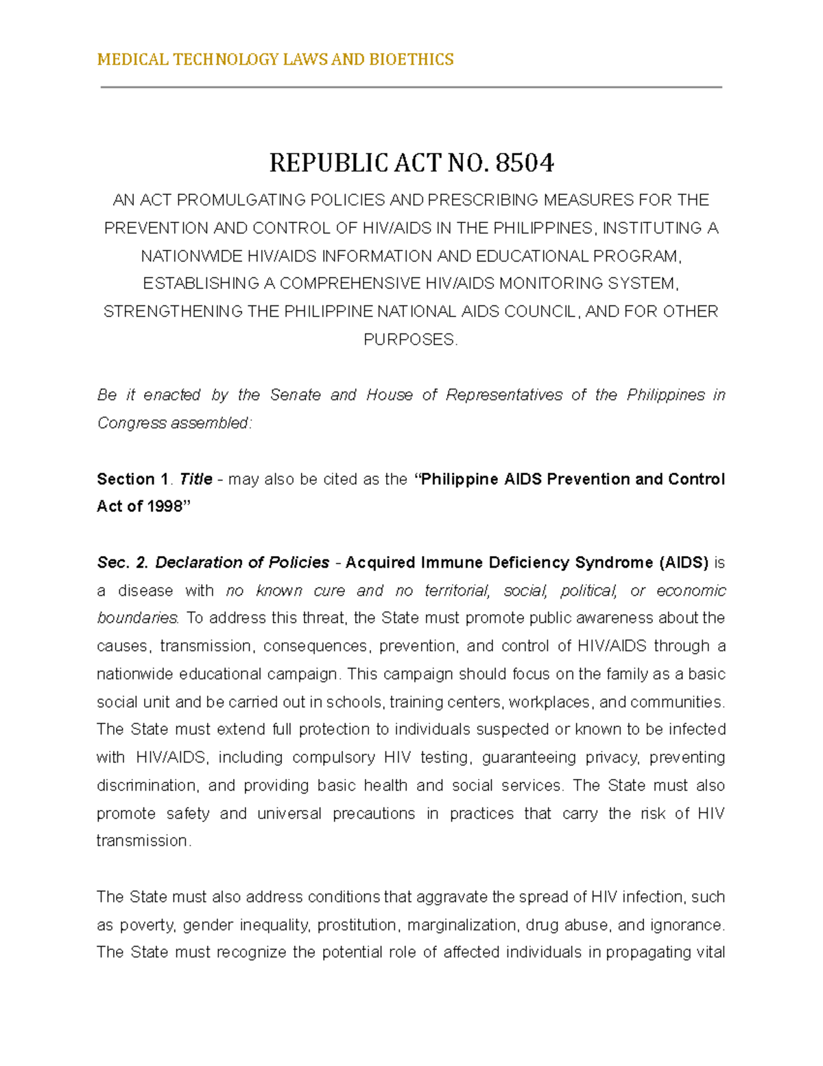R.A. NO. 8504 - REPUBLIC ACT NO. 8504 AN ACT PROMULGATING POLICIES AND ...