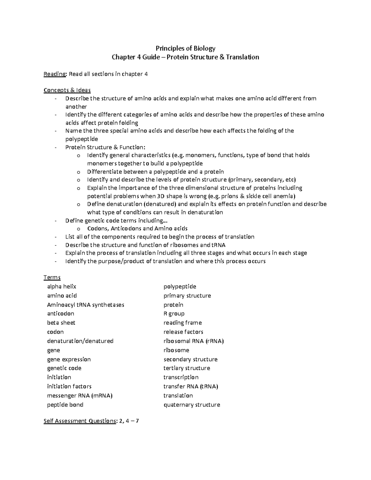 Biol 111A Ch 4 Guide (Proteins and Translation) - Principles of Biology ...
