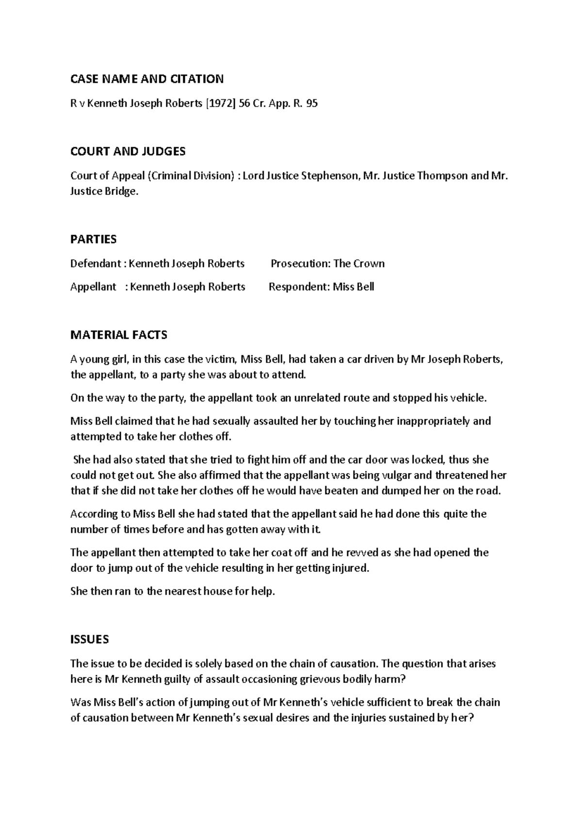' Criminal LAW CASE NOTE R v Roberts' - CASE NAME AND CITATION R v ...