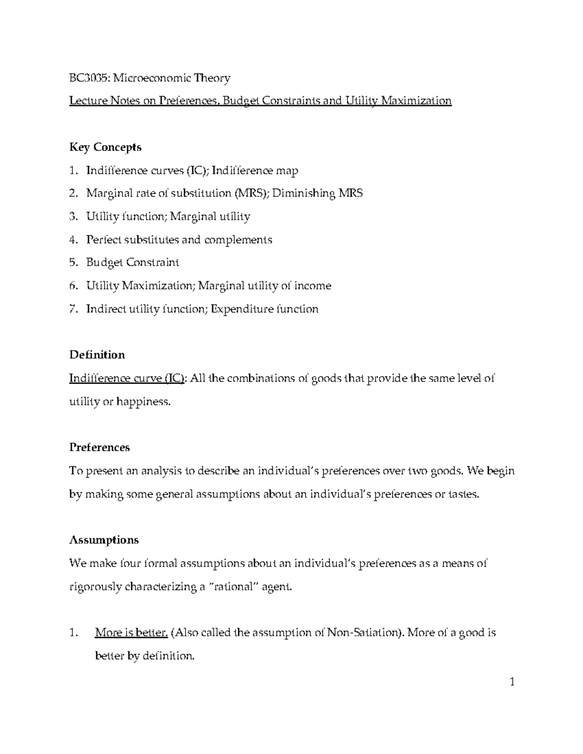 01. BC3035-Lecture Notes-Consumer Theory - BC3035: Microeconomic Theory ...
