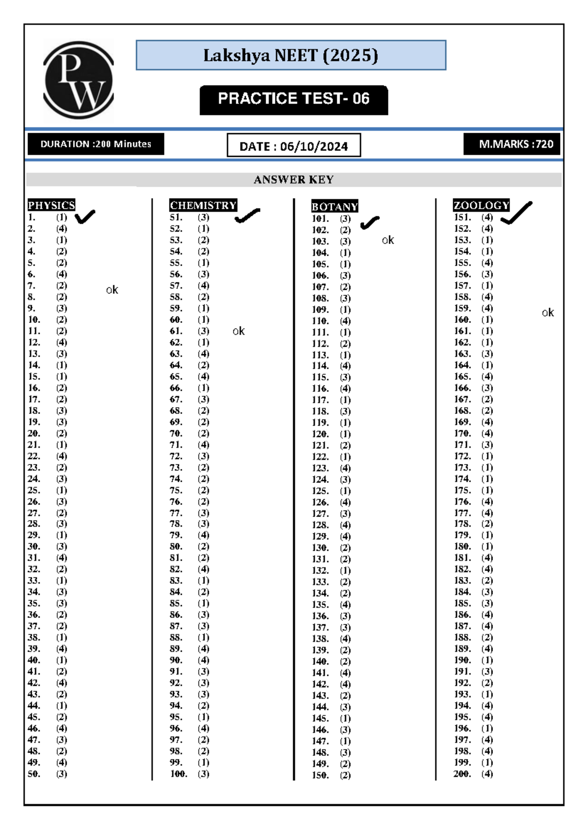 Answers - dash - ####### ANSWER KEY PHYSICS (1) (4) (1) (2) (2) (4) (2) (2) (3) (2) (2) (4) (3 ...