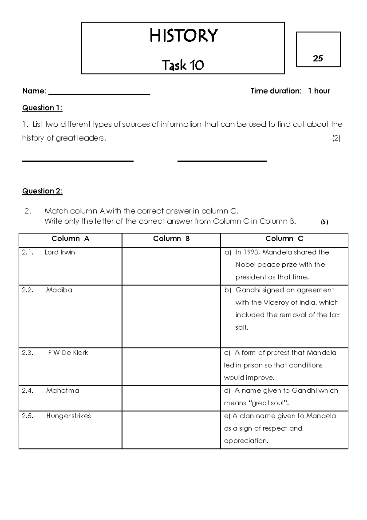 Grade 4 history task 10 - Fhbhj - Name: Time duration: 1 hour Question ...
