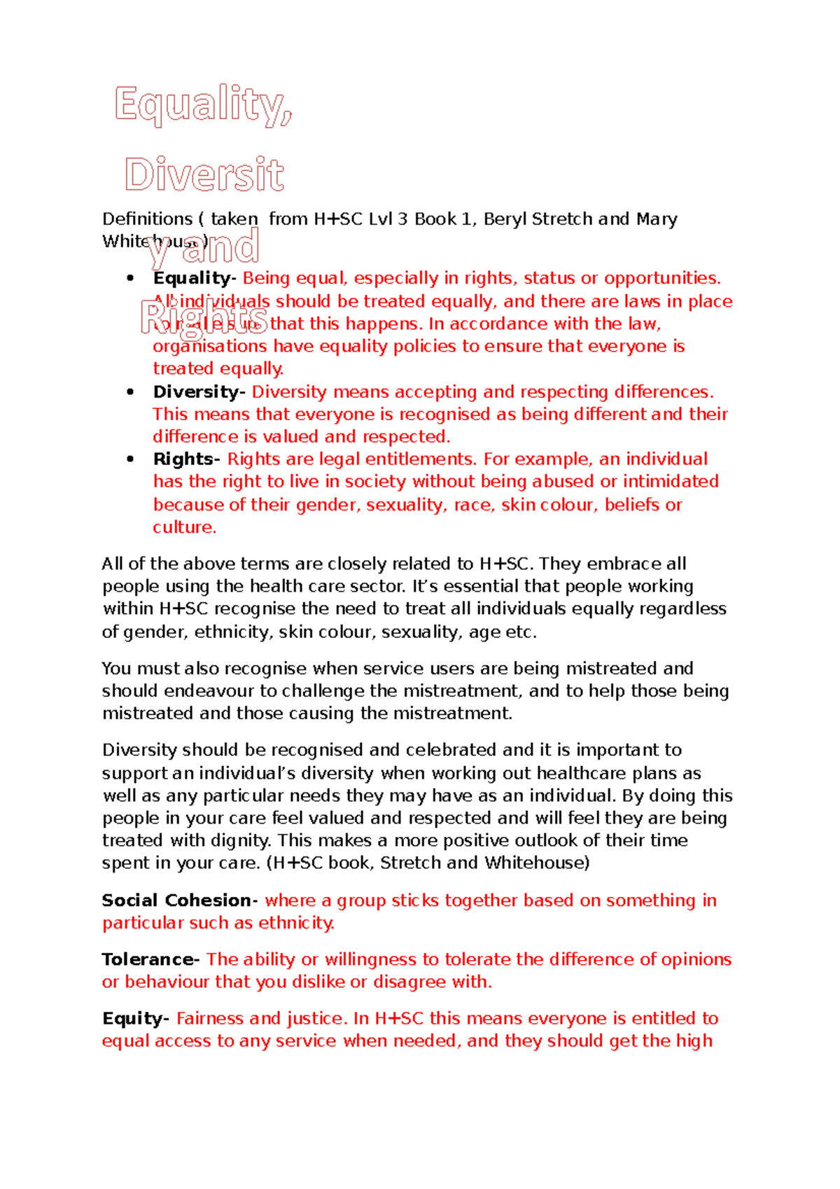 Equality, Diversity & Rights - Definitions ( taken from H+SC Lvl 3 Book ...