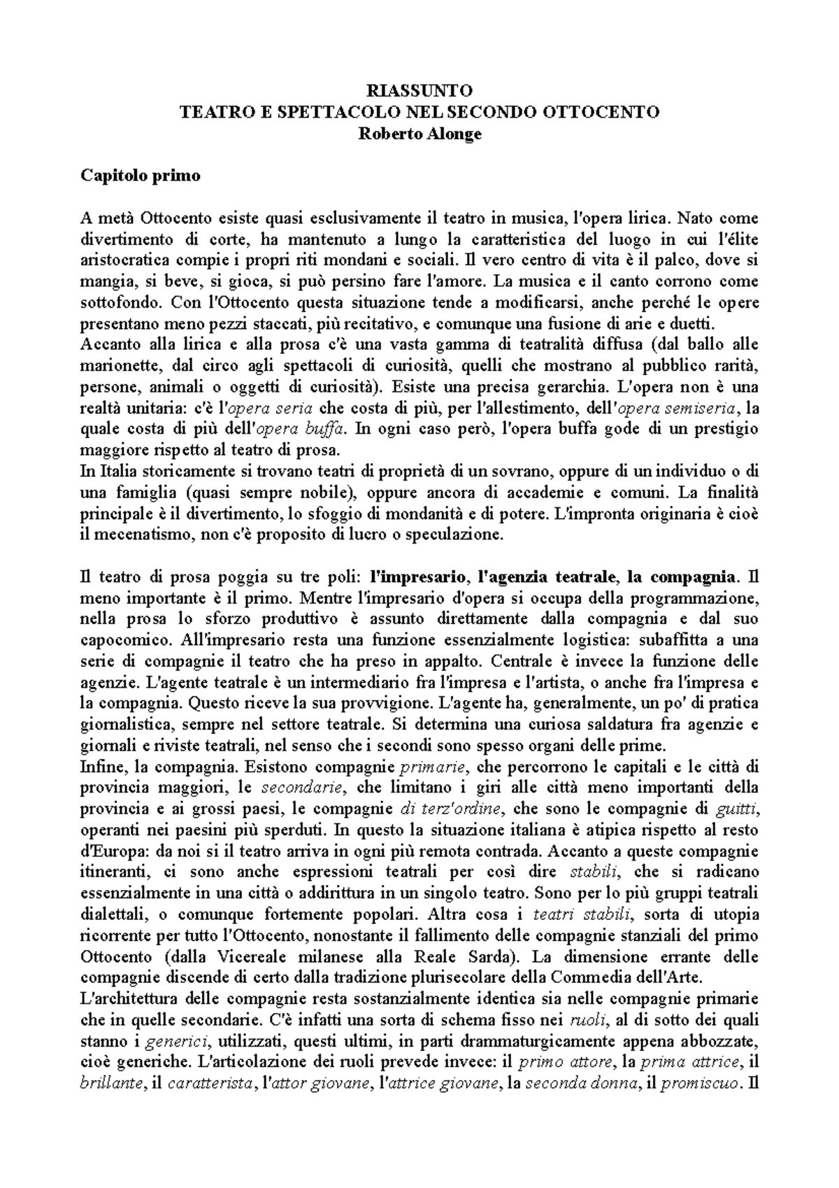 Riassunto teatro e spettacolo nel secondo ottocento roberto alonge ...