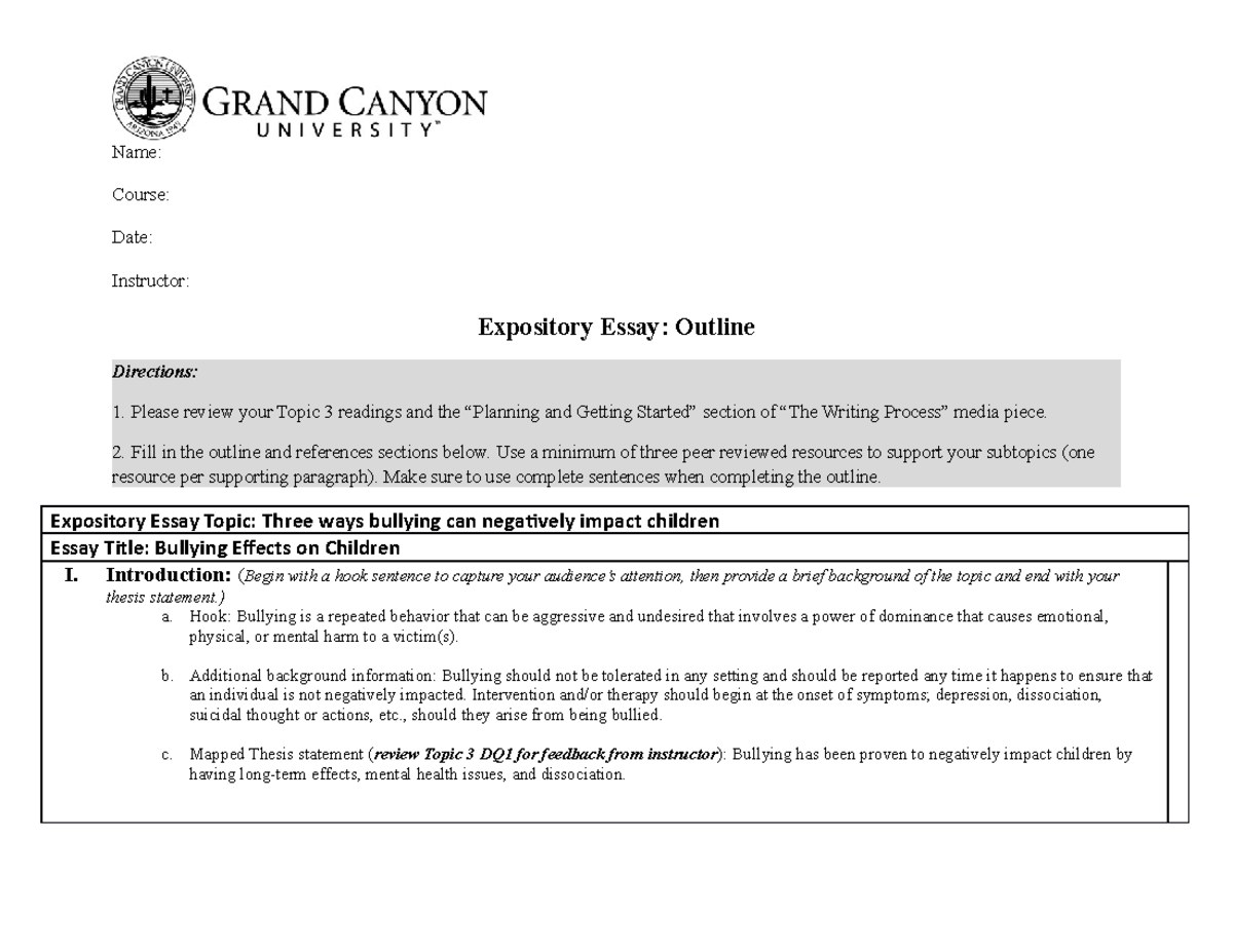 Expository Essay Outline - Name: Course: Date: Instructor: Expository ...