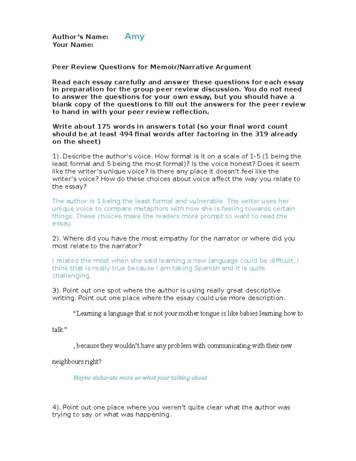 Peer Review Questions Personal Essay Spring 2022 - Author’s Name: Amy ...