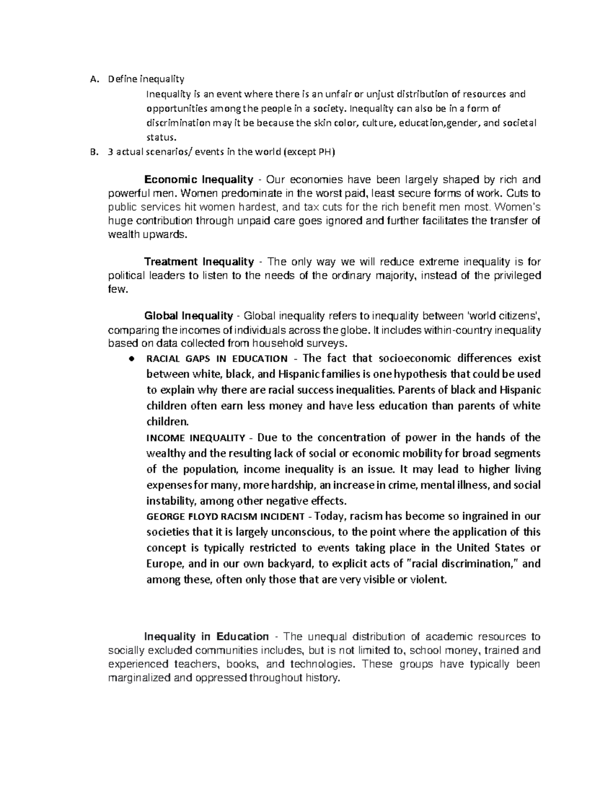 SDG 10 Inequality - A. Define inequality Inequality is an event where ...