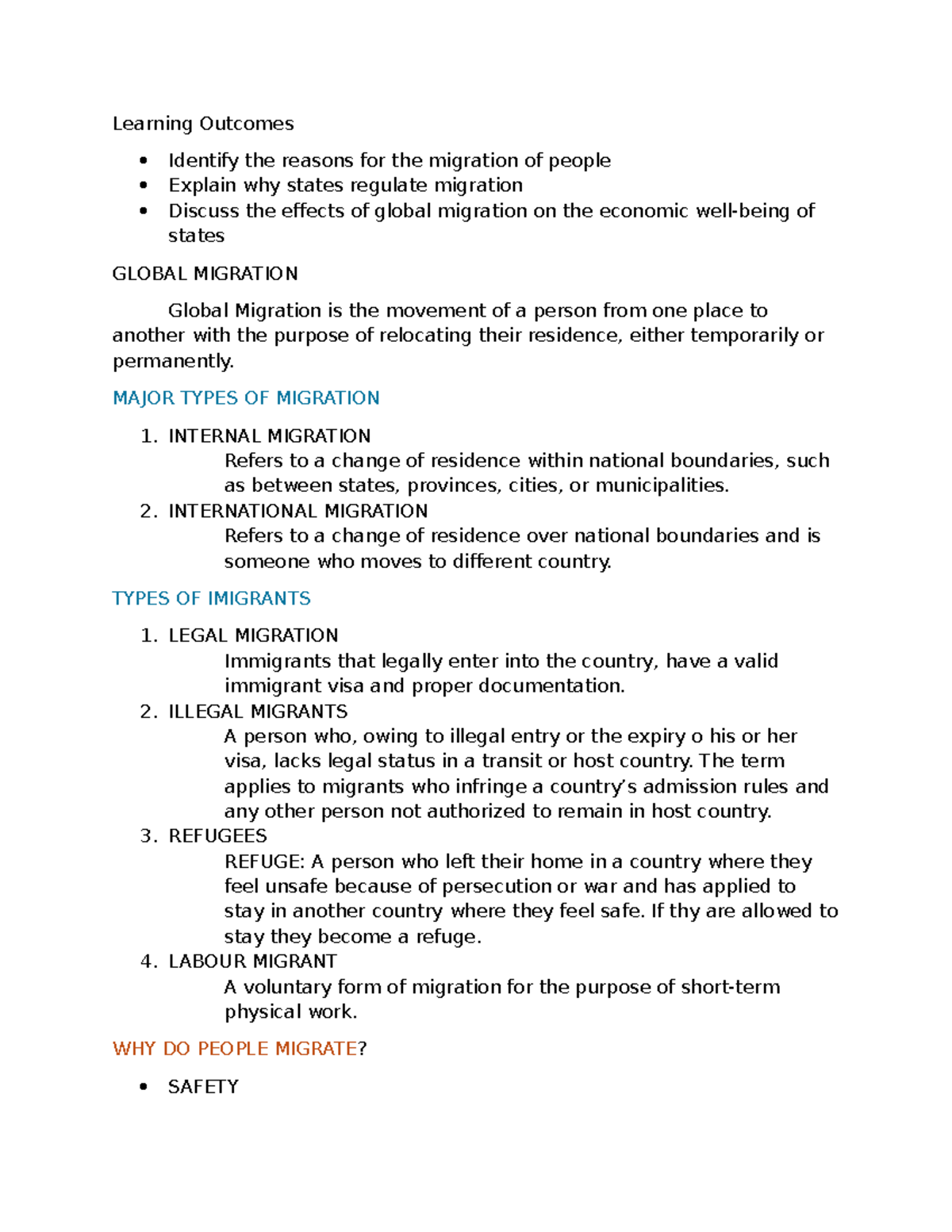 Handout Group 8-1 - Learning Outcomes Identify the reasons for the migration of people Explain ...