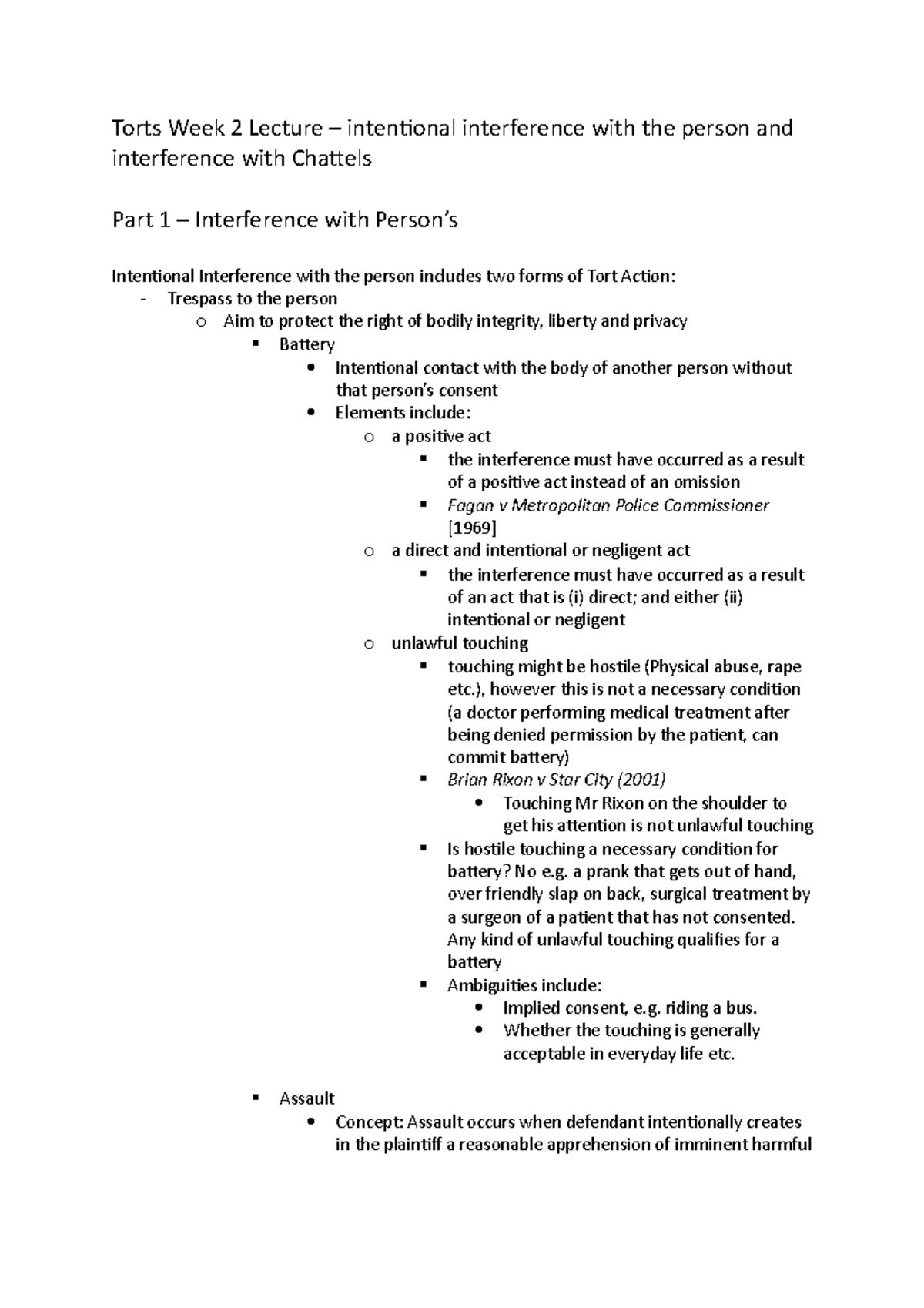 Torts Week 2 Lecture - Torts Week 2 Lecture – intentional interference with the person and - Studocu
