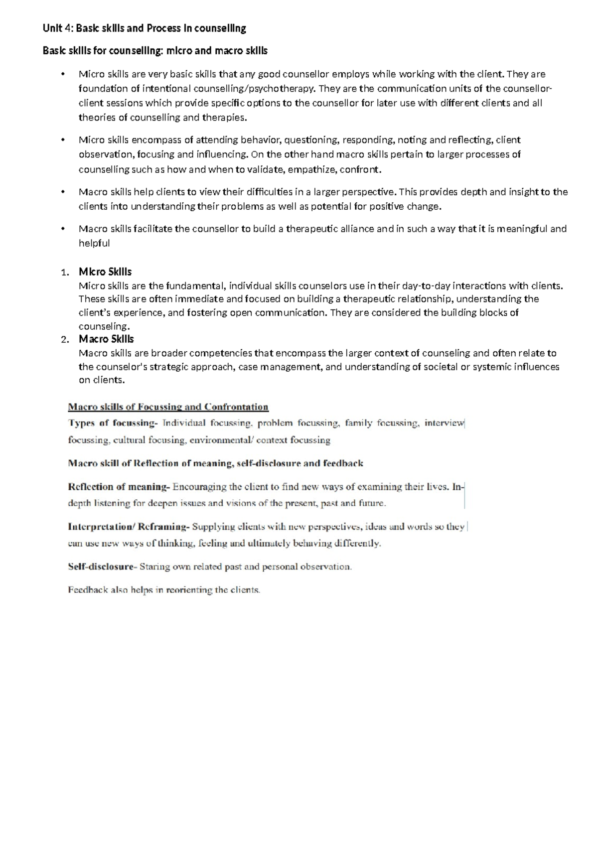 FOC Unit 4 - Notes - Unit 4: Basic skills and Process in counselling ...