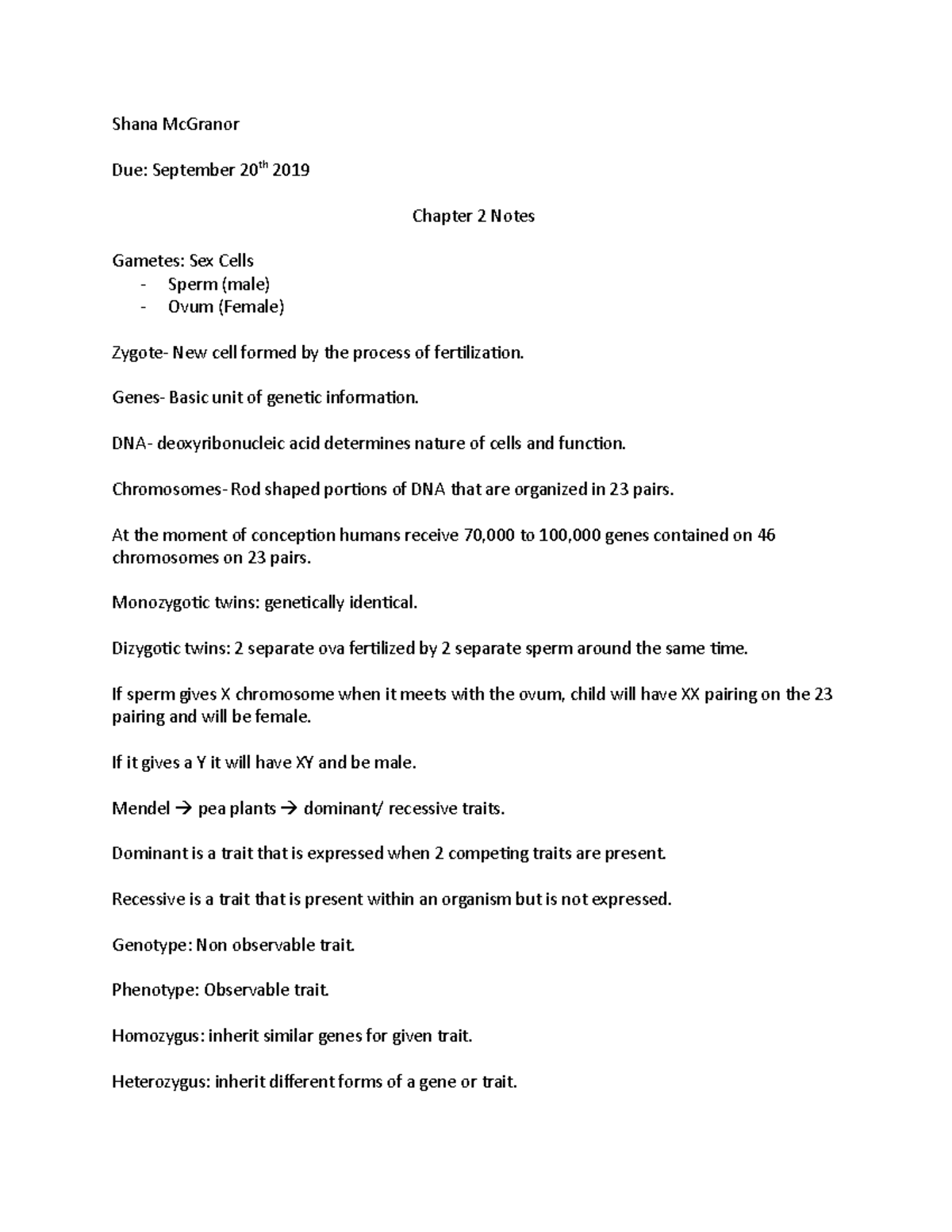 Chapter 2 Notes Shana Mcgranor Due September 20th 2019 Chapter 2 Notes Gametes Sex Cells