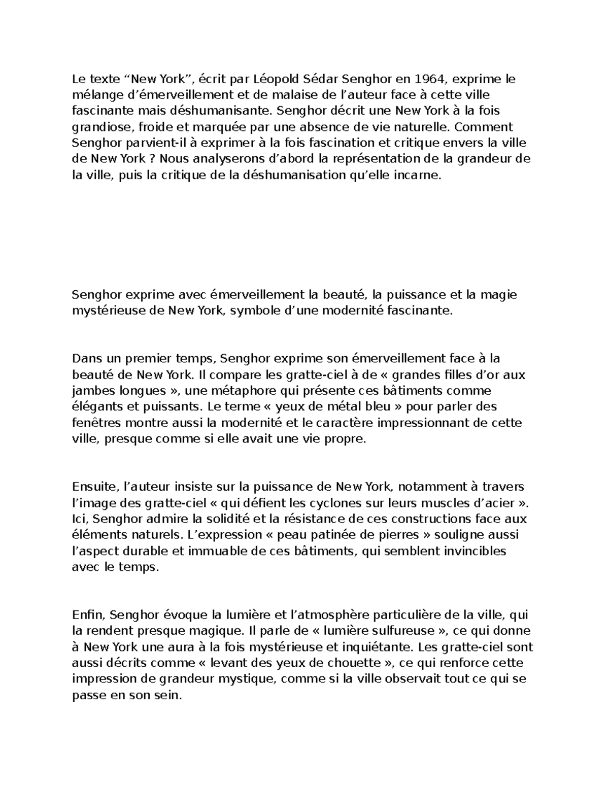 Commentaire New York - Le texte “New York”, écrit par Léopold Sédar ...