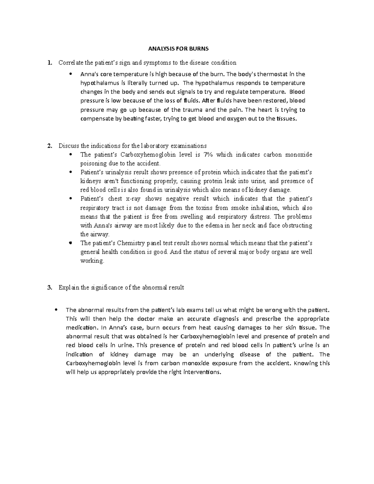 Analysis- Burns - ANALYSIS FOR BURNS Correlate the patient’s sign and ...