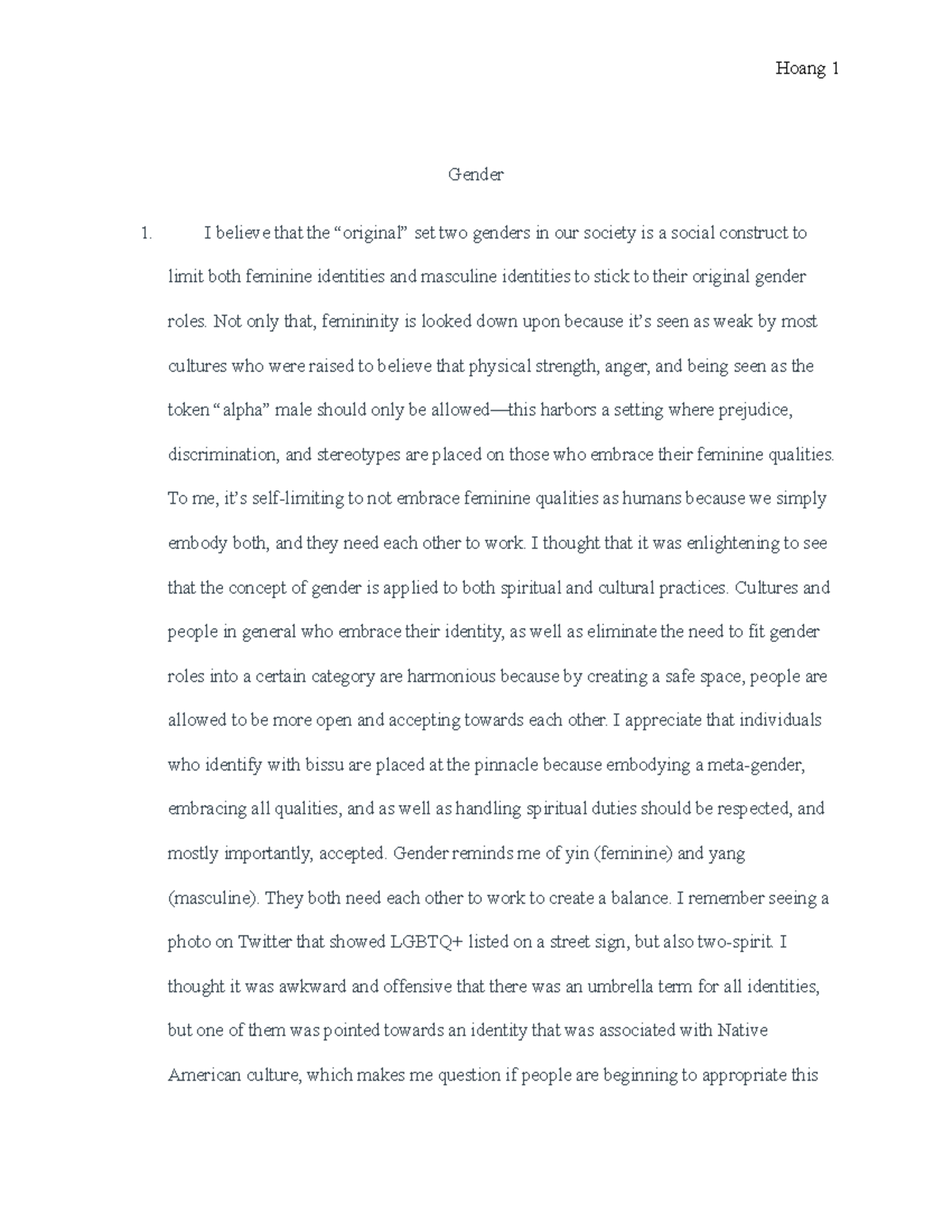 ENGL 1A Gender Paper - Assignment essay for Boris Slager - Hoang 1 ...