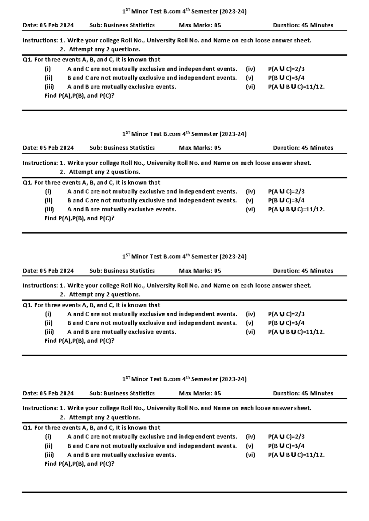 1ST Minor Test probability - 1 ST Minor Test B 4th Semester (2023-24 ...