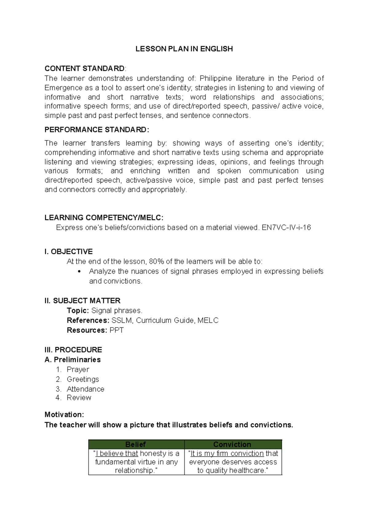 4th LP Week 4 - LESSON PLAN IN ENGLISH CONTENT STANDARD: The learner ...