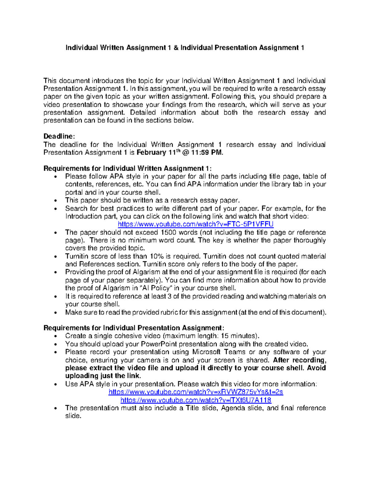 Individual Written Assignment 1 & Individual Presentation Assignment 1 (Topic and Rubric ...
