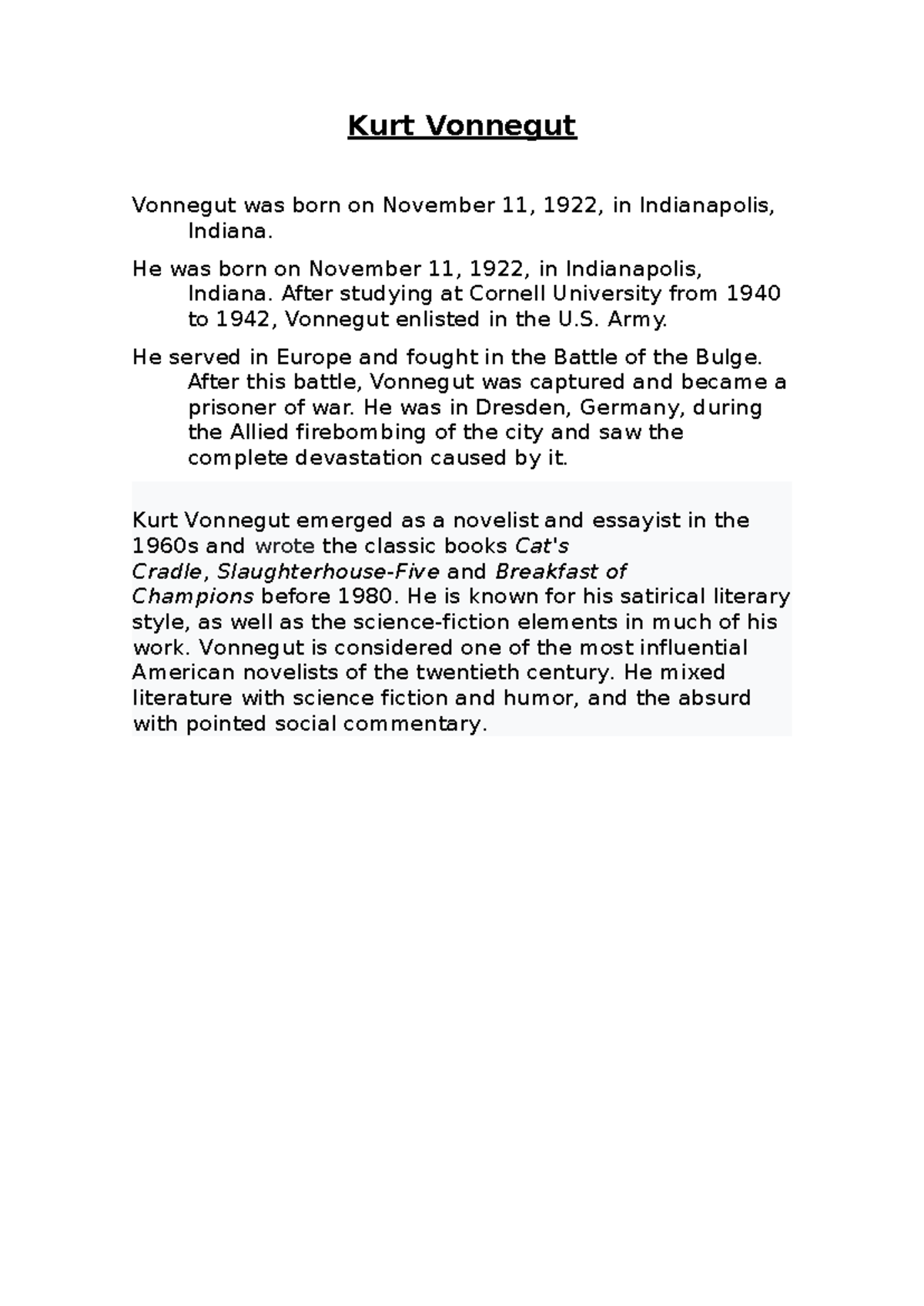 Kurt Vonnegut - tp ingles - Kurt Vonnegut Vonnegut was born on November ...