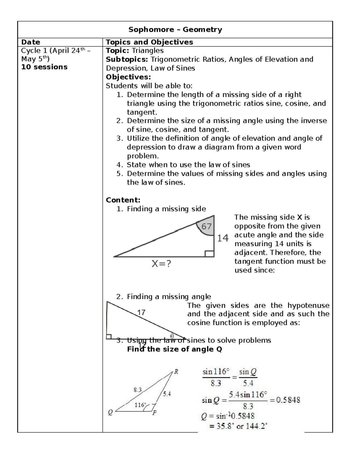Geometry Outline (April 24th - June 2nd) - Sophomore – Geometry Date ...