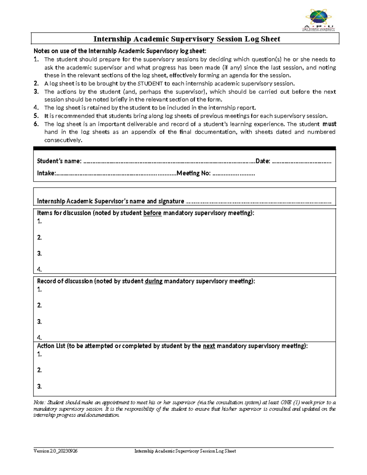 Internship Academic Supervisory Log Sheet Version 2.0 20230926 ...