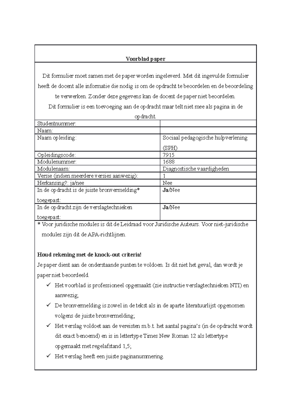 Paper diagnostische vaardigheden - Voorblad paper Dit formulier moet ...