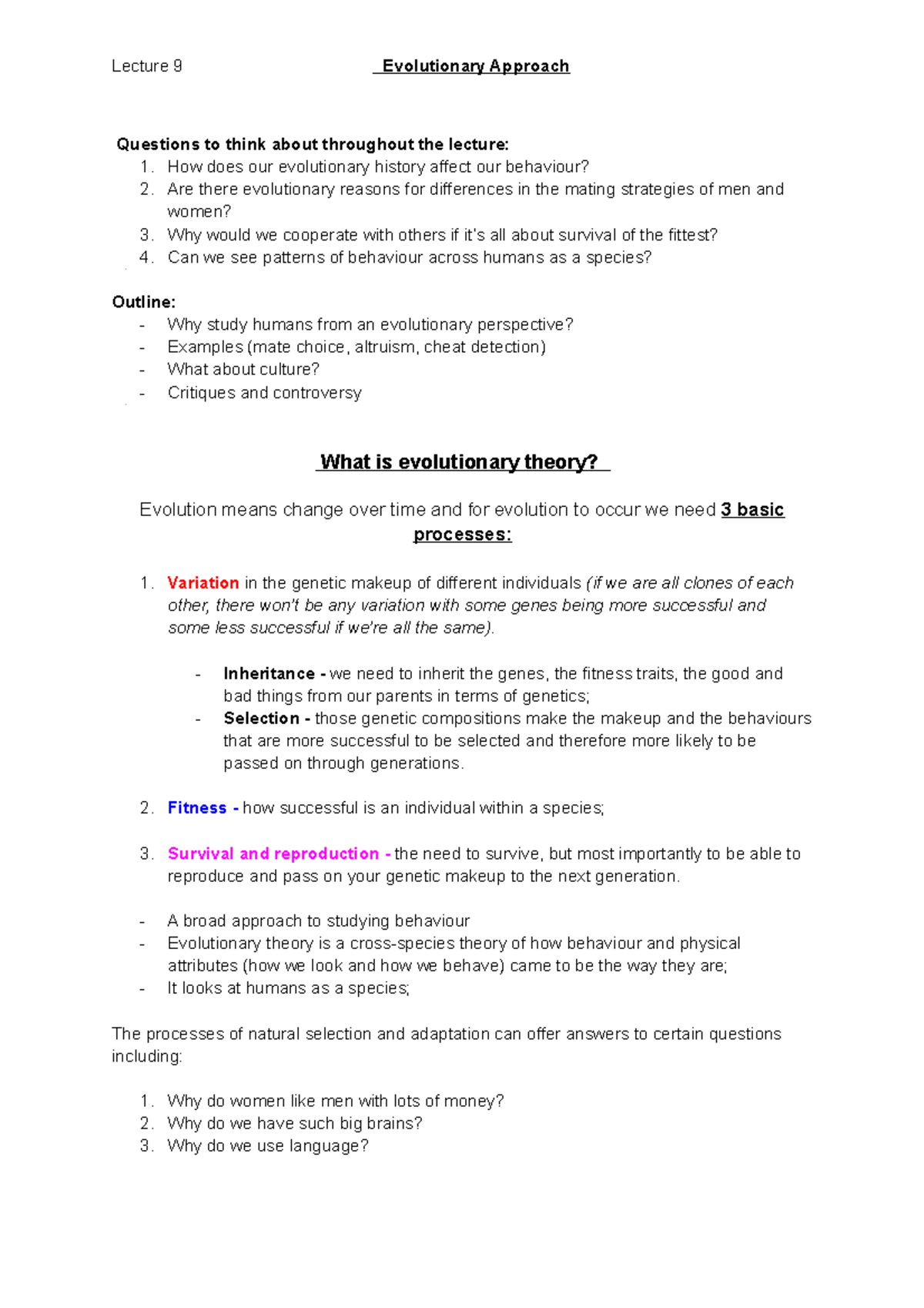Evolutionary Approach Lecture Notes Questions To Think About Throughout The Lecture 1 How