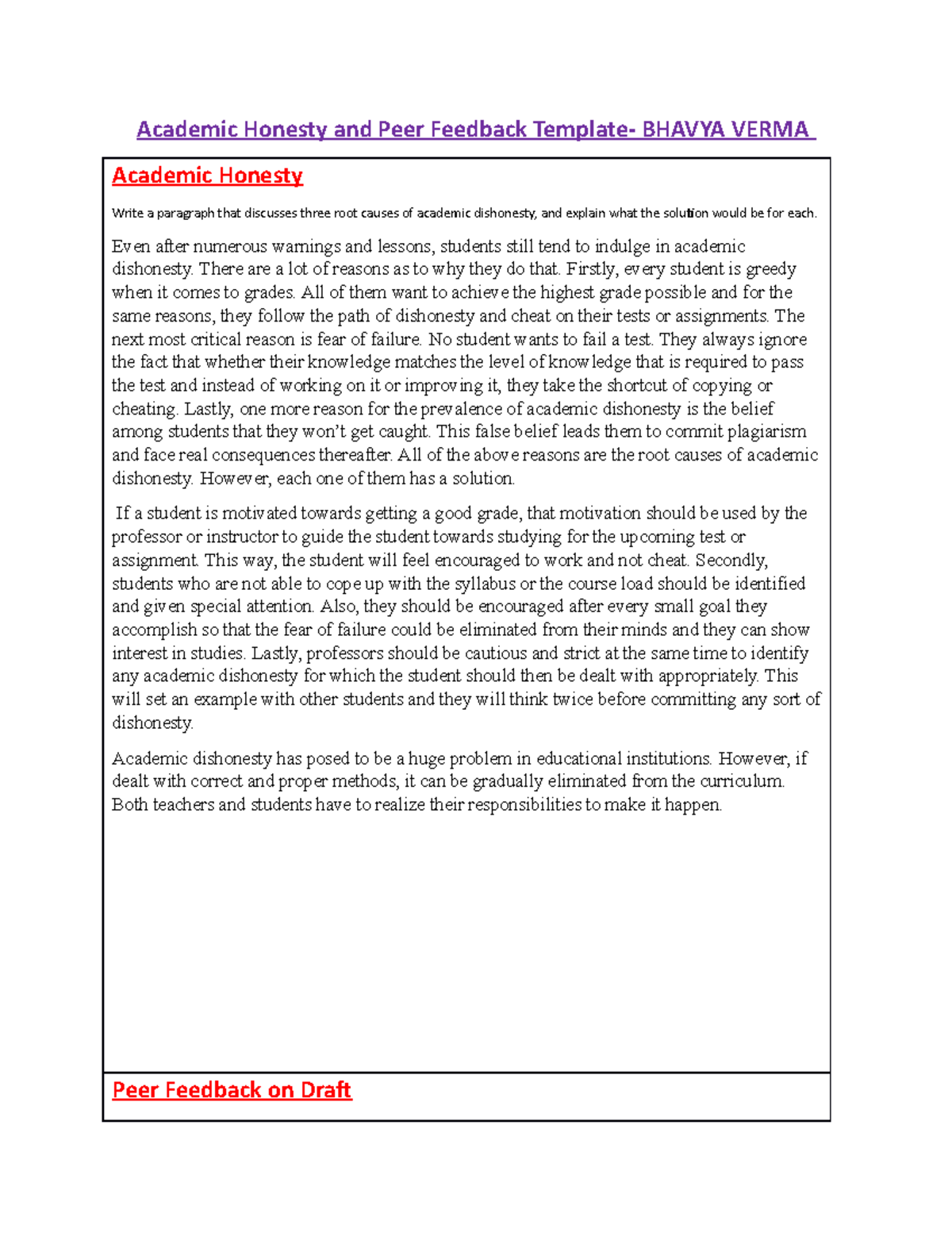 Academic Honesty and Peer Feedback Template - Even after numerous ...