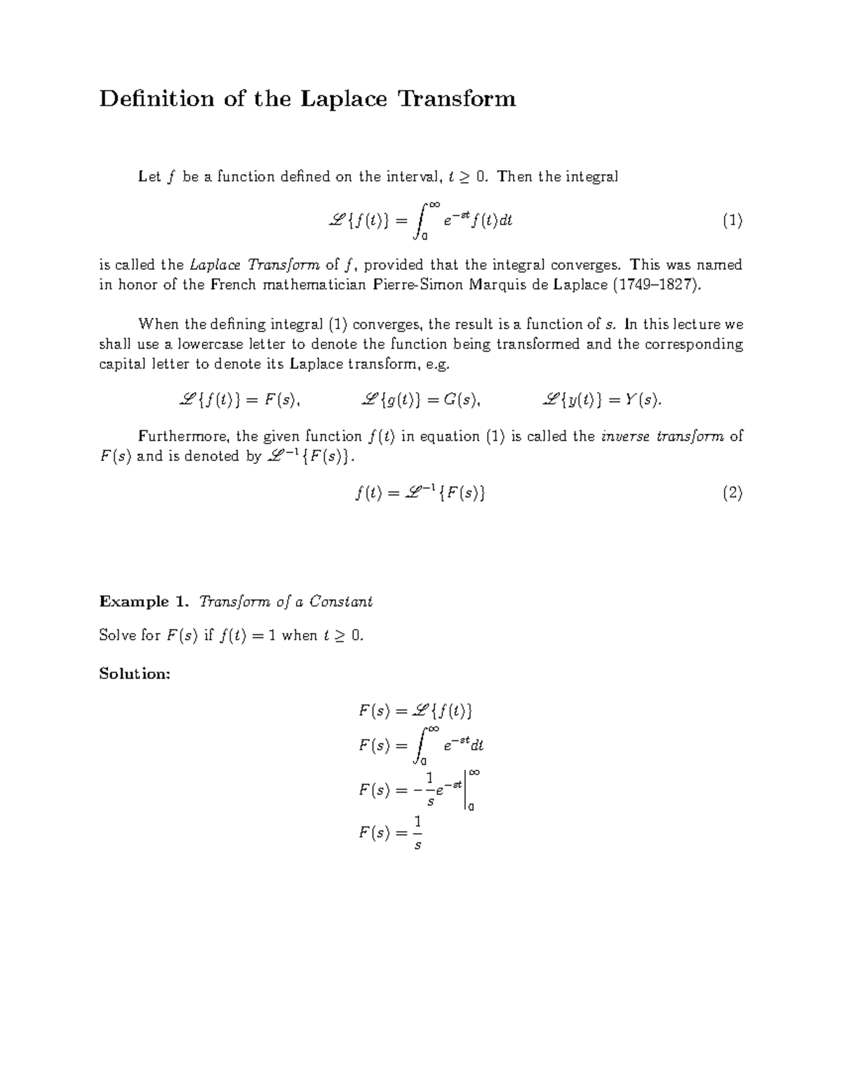 Introduction to Laplace Transform - Definition of the Laplace Transform ...