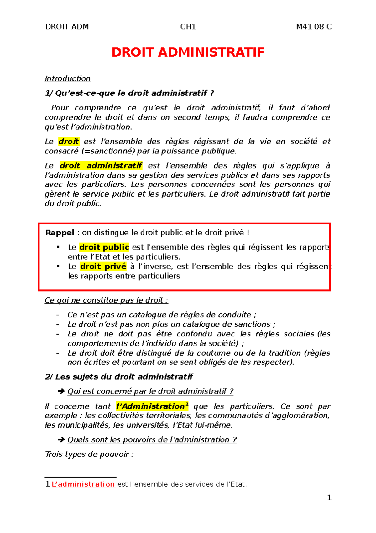 Chapitre 1 - Notion d'administration - DROIT ADMINISTRATIF Introduction ...
