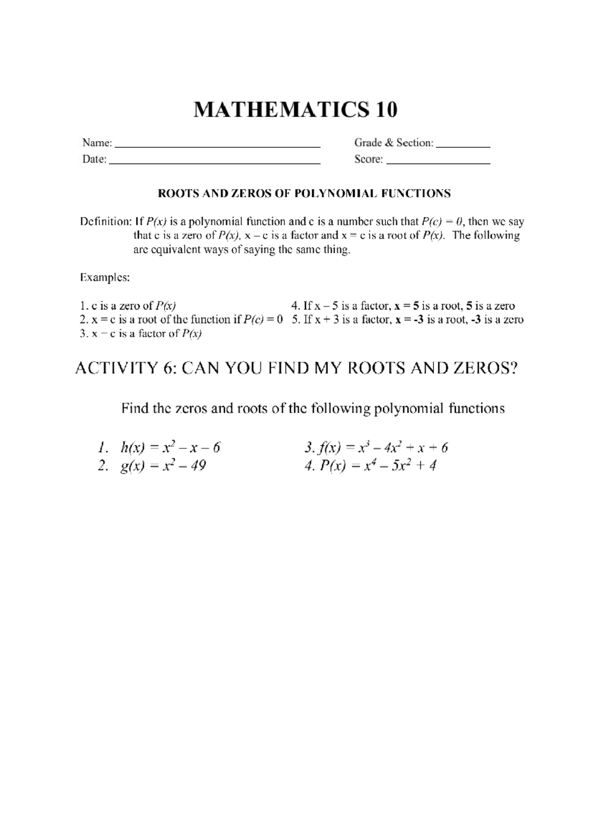 Math-activities - mathematics module - MATHEMATICS 10 Name: Grade ...