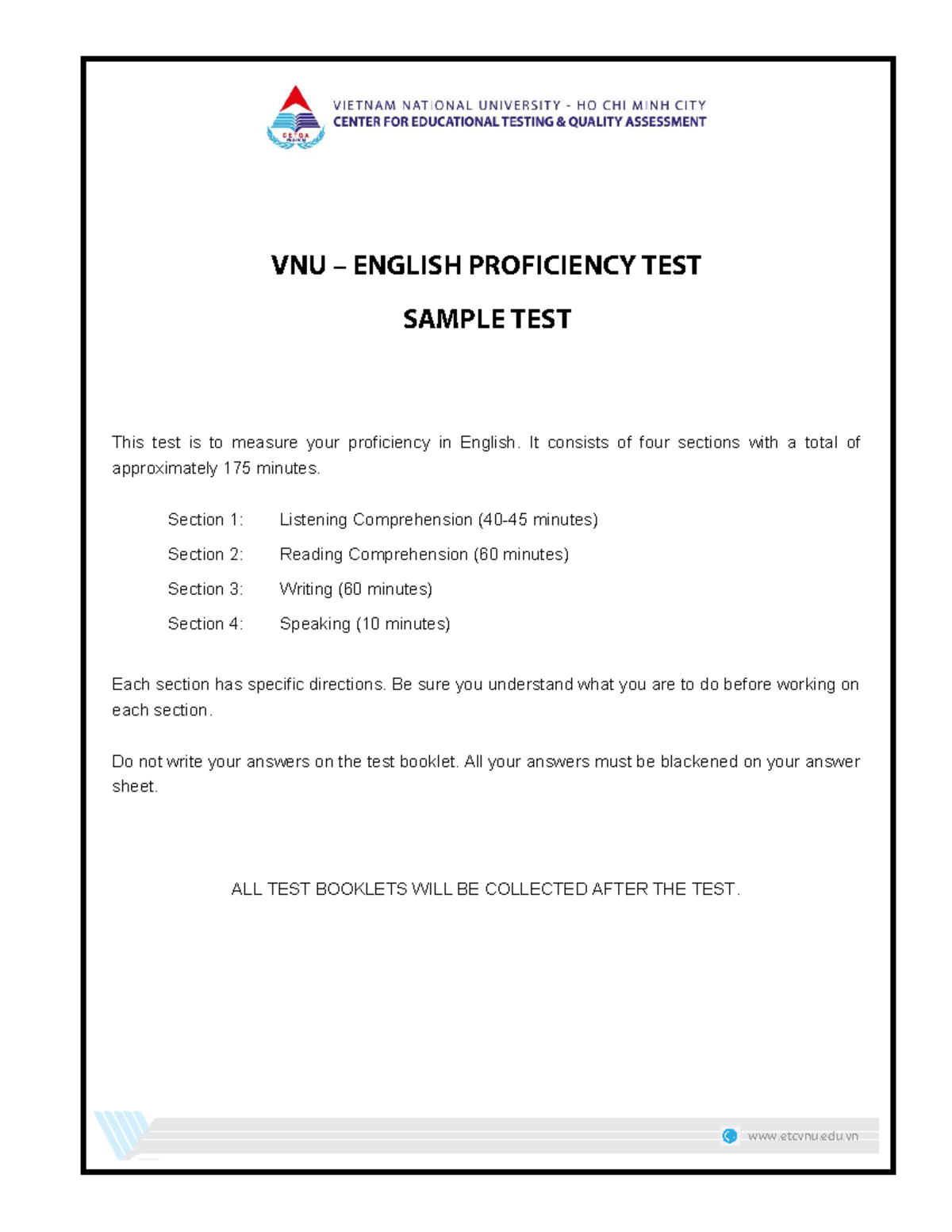 VNU-EPT sample test and key - Official-2024 - VNU – ENGLISH PROFICIENCY ...