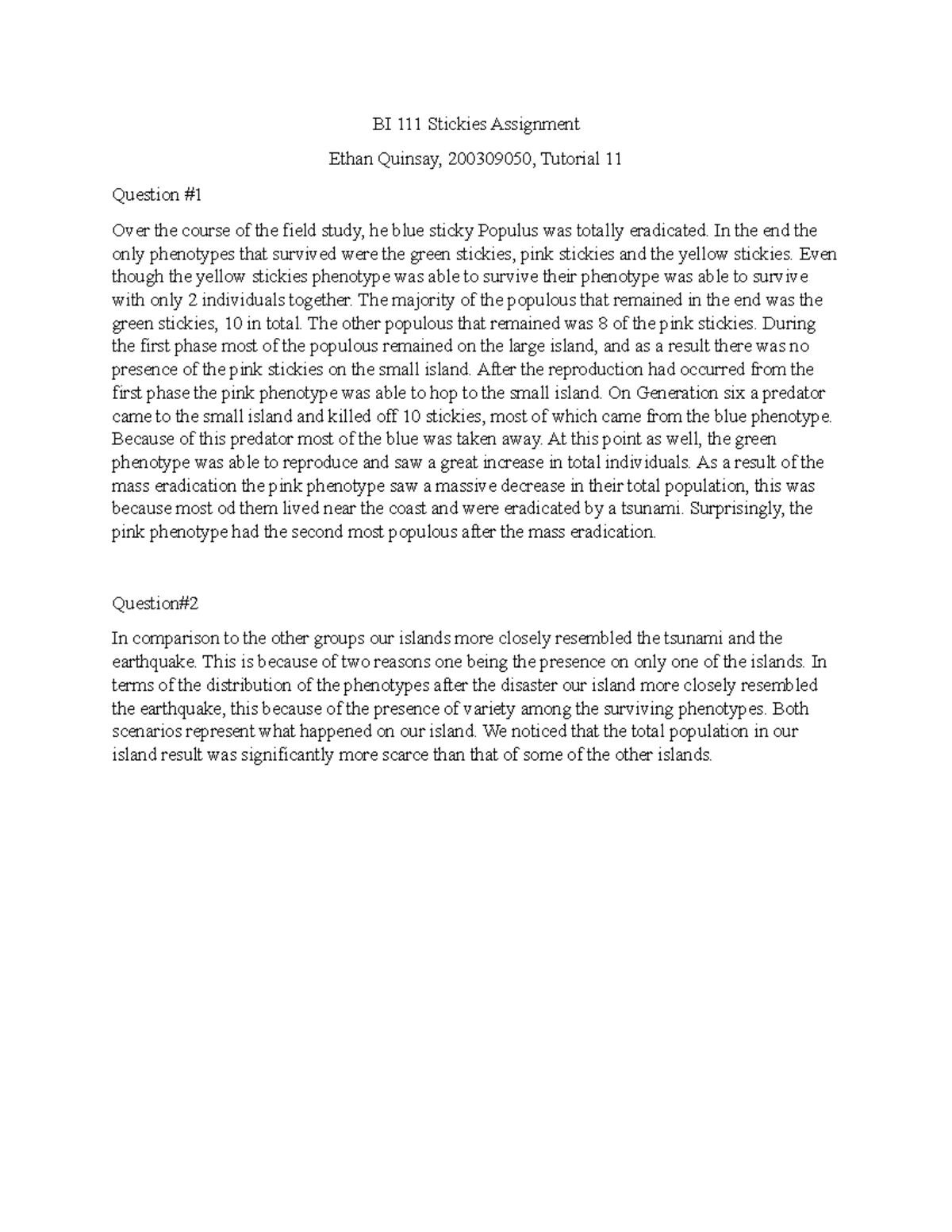 BI 111 Tutorial 2 Assignment 2 (stickies) - BI 111 Stickies Assignment ...