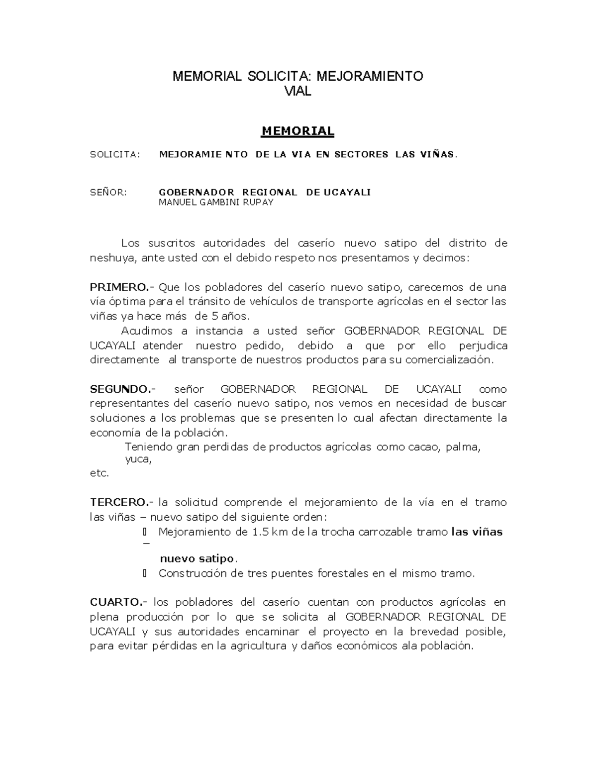 Modelo memorial - memori - MEMORIAL SOLICITA: MEJORAMIENTO VIAL ...