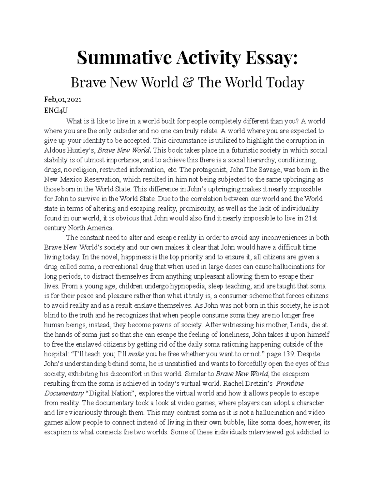 BNW Polished Essay - cumulative assignment on book - Summative Activity ...