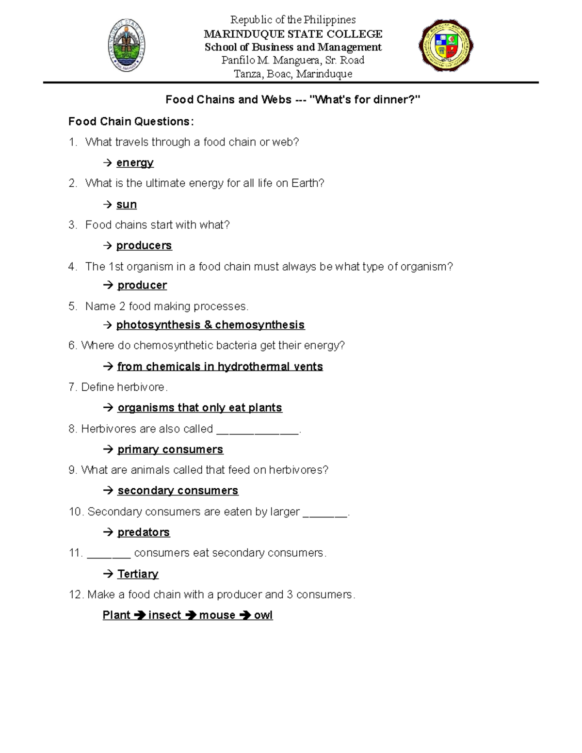 Food Chains and Webs - Can be used as a guide. - MARINDUQUE STATE ...