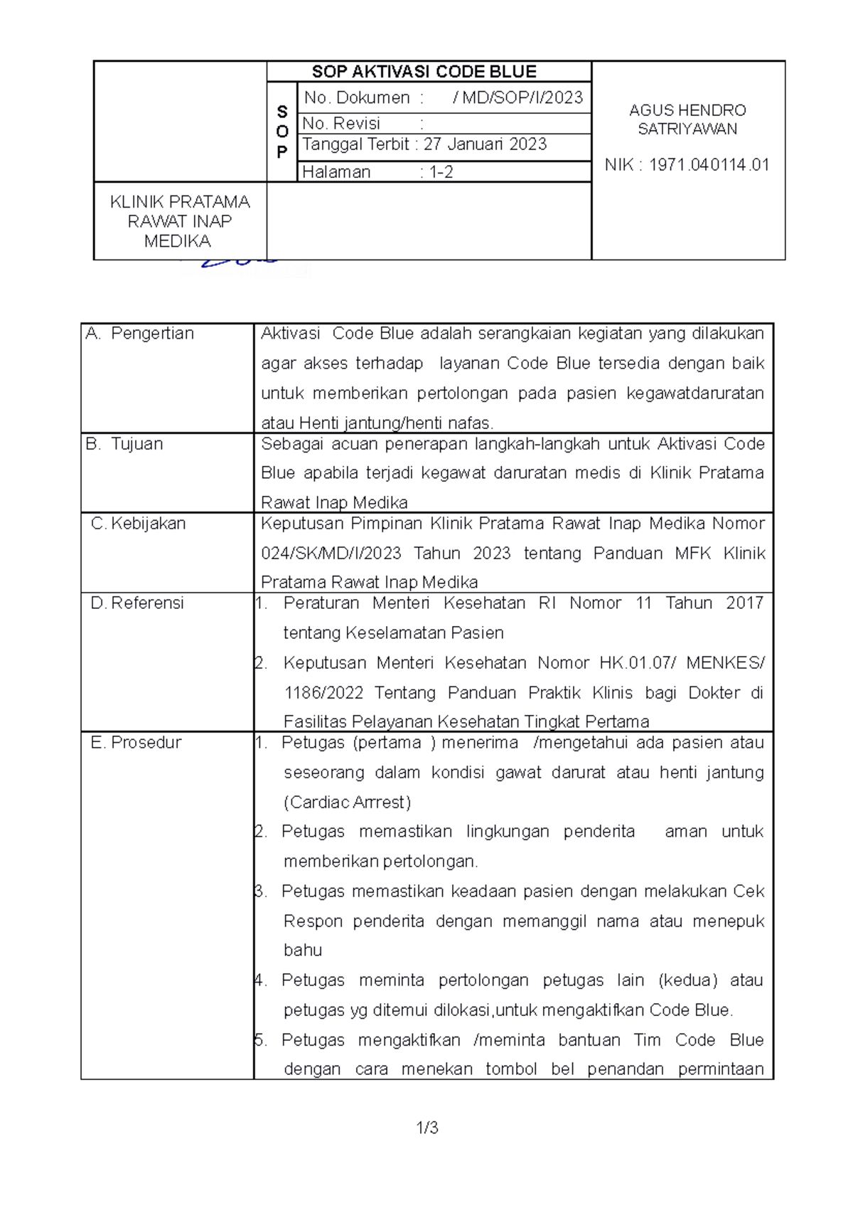 SOP Aktifasi Code Blue,Teras - N SOP AKTIVASI CODE BLUE AGUS HENDRO SATRIYAWAN NIK : 1971. S O P ...
