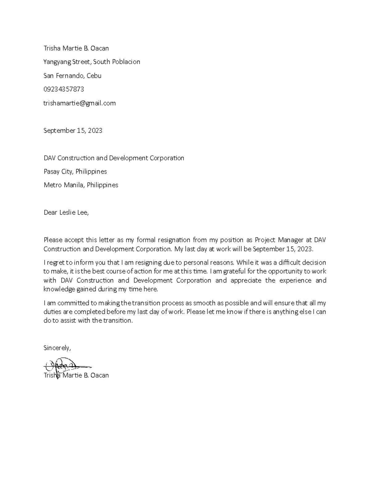 Oacan Resignation letter - Trisha Martie B. Oacan Yangyang Street ...