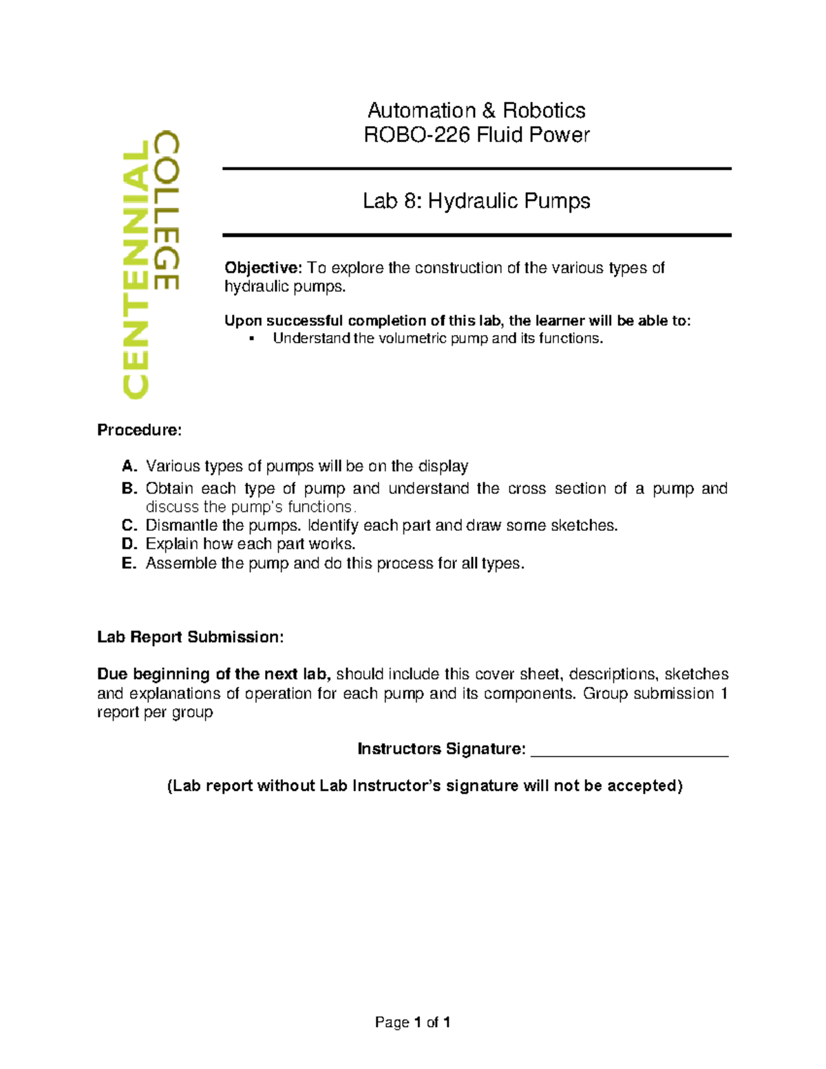 ROBO226 Lab 8 - Page 1 of 1 Automation & Robotics ROBO-226 Fluid Power Lab 8: Hydraulic Pumps ...