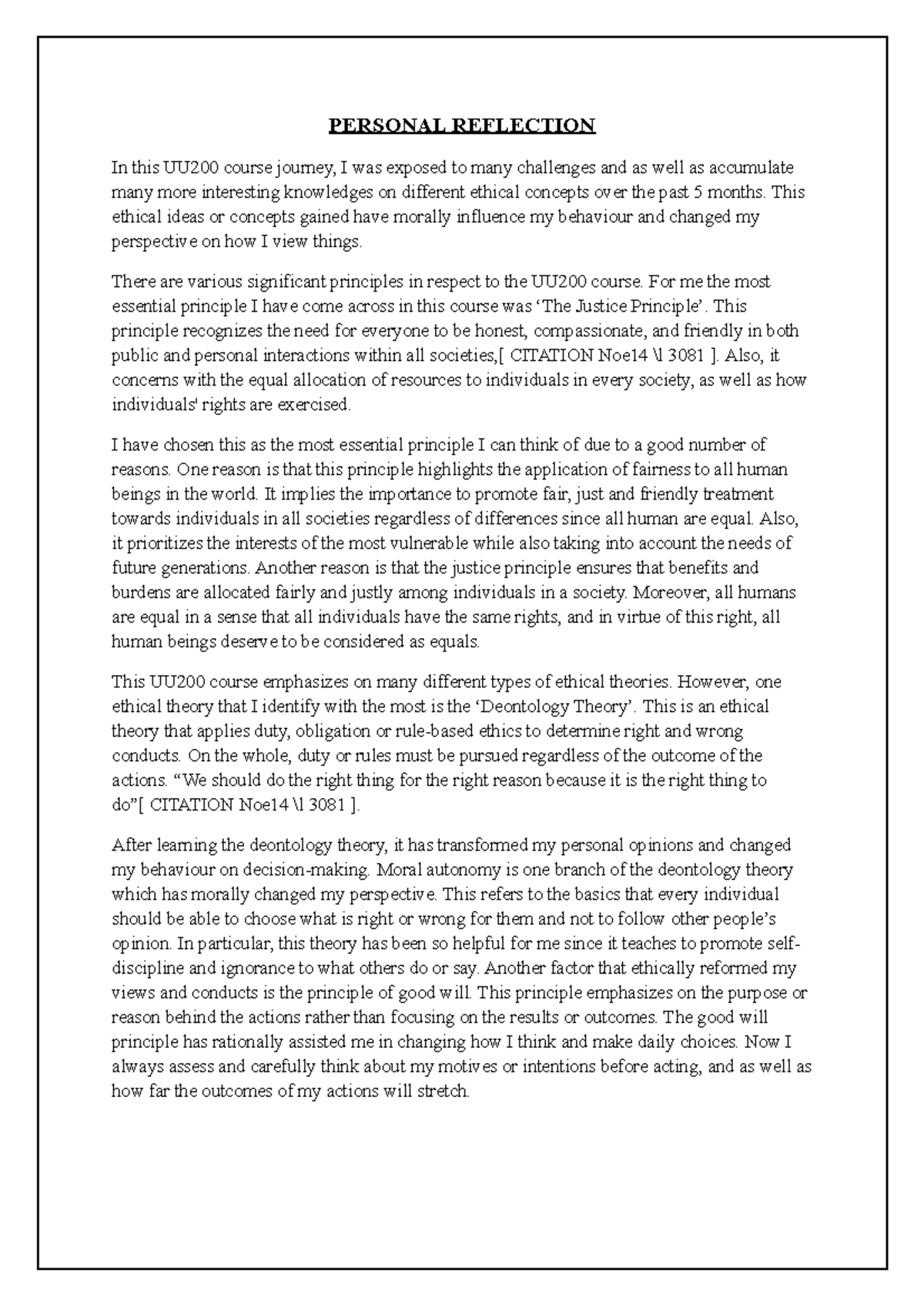 UU200 Final Assessment- Personal Reflection - PERSONAL REFLECTION In ...